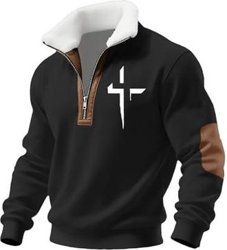 Generic Sweat-shirt à demi-fermeture éclair doublé en polaire pour homme - Imprimé western vintage - Pull à manches longues - Col zippé - Pull dhiver chaud - 