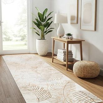 Tapiso Crystal Tapis de coluoir &agrave; Poils Courts Brillant Beige dor&eacute; cr&egrave;me Marron Blanc Palmes Feuilles Exotiques 3D Abstrait Salon Chambre &agrave; Coucher Design Mo