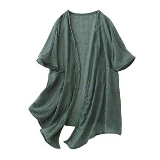 Generic Cardigan en coton et lin pour femme, coupe ample, manches courtes, d&eacute;contract&eacute;, l&eacute;ger, doux et respirant, chemisiers de plage avec poches, Vert, XXL