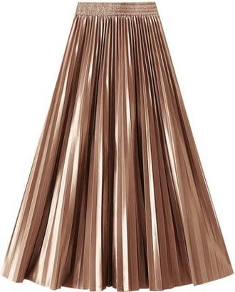 Generic Jupe Haute en Satin plissée Coupe A-Line Jupe mi-Longue Fluide pour Bureau, soirée ou événements élégants