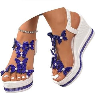 Generic Sandales d&eacute;t&eacute; confortables pour femme avec sangle &eacute;lastique et strass - Bout ouvert - Sandales plates d&eacute;contract&eacute;es &agrave; bout ouvert - Sandales compens&eacute;e