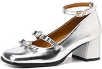 Generic Femmes Élégant Bout Carré Mary Jane Pompes Mid Bloc Talons Cheville Sangle avec Strass Arc Décor Élégante Soirée Chaussures De Bureau De Soirée,Argent