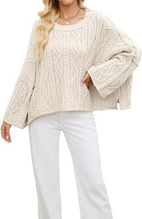 Generic Pull court surdimensionn&eacute; &agrave; col ras du cou en tricot torsad&eacute; avec longues manches &eacute;vas&eacute;es pour lautomne et lhiver - Pull d&eacute;contract&eacute; et doux pour femm