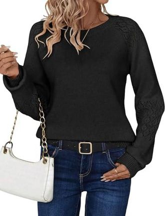 Zeagoo Pulls Femme Hiver Noir Manches Longues Col Rond Ajour&eacute; &Eacute;l&eacute;gant Haunt Tricot&eacute; Motif Crochet Coupe Ample Automne Chic Doux Sweater