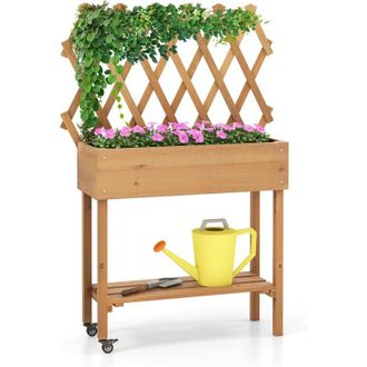 Costway Jardini&egrave;re avec Treillis en Bois avec &Eacute;tag&egrave;re de Rangement, Lit de Jardin Sur&eacute;lev&eacute; avec Roues Verrouillables Doublure en Tissu, pour Plante