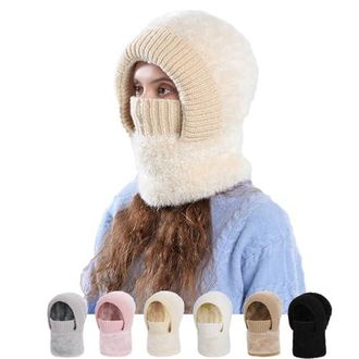 Generic Capuche en tricot thermique pour femme - Bonnet dhiver doubl&eacute; en polaire, cache-cou et couvre-visage Combo bonnet, &eacute;charpe, masque avec cache-oreilles