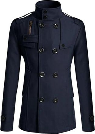 Generic Trench pour homme &agrave; double boutonnage col montant printemps hiver coupe ajust&eacute;e d&eacute;contract&eacute; chaud doux mi-long, bleu marine, XXL