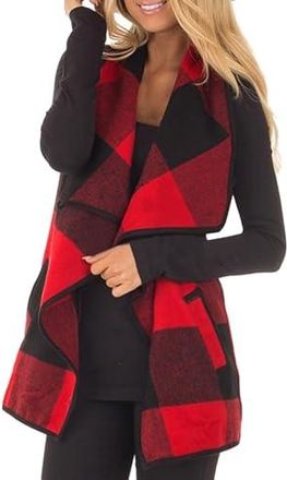 Generic 2026 Vestes &agrave; carreaux pour femmes, gilet d&eacute;contract&eacute; &agrave; revers ouvert sur le devant, cardigan sans manches, manteau avec poches, Rouge, 3XL