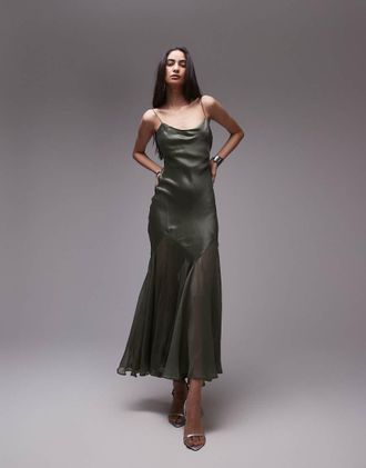 Topshop Robe mi-longue en tissu m&eacute;lang&eacute; de qualit&eacute; sup&eacute;rieure avec ourlet &agrave; godet - Kaki-Vert