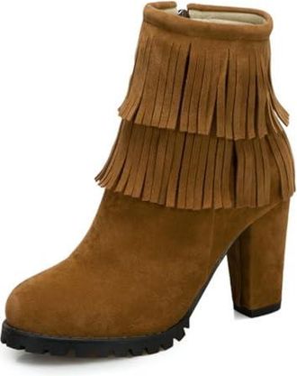 Generic Bottines &eacute;l&eacute;gantes &agrave; double frange pour femme Bout en amande Couleur unie Talons blocs Fermeture &eacute;clair Chaussures dhiver occidentales, marron, 40.5 E