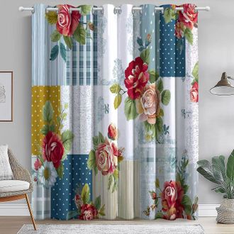 Generic Vorhang Bunt Verdunkelungsvorhänge Retro Blumen Rosen Karo Aufdruck Gardinen - mit Ösen, Superweich Vorhang Blickdicht für Deko Wohnzimmer Schlafzimme