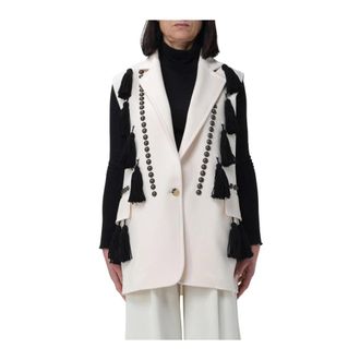 Max Mara Femme, Vestes, Blanc, Taille: 38 FR Gilet Blanc en Laine avec Pompons