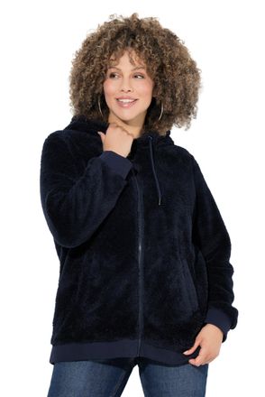 Ulla Popken Damen gro&szlig;e Gr&ouml;&szlig;en &Uuml;bergr&ouml;&szlig;en Plus Size Teddy-Jacke, Kapuze, Langarm, weicher Teddypl&uuml;sch Marine 46+ 843930130-46+
