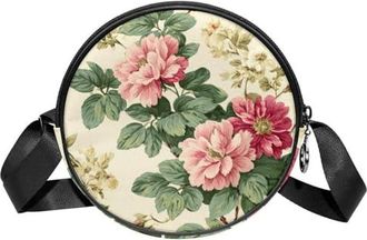 Generic Petit sac &agrave; bandouli&egrave;re rond pour femme, motif pivoines florales r&eacute;tro avec fermeture &eacute;clair et bretelles r&eacute;glables