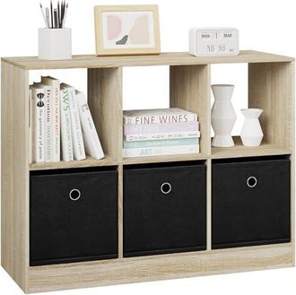Woltu Bibliothèque Étagère, Meuble Cube avec 6 Casiers et 3 Tiroirs en Tissu, Organisation pour Salon, Bureau, Chambre denfant, 30 x 80 x 60 cm, Chêne Clair