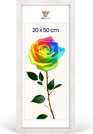 MG Design Bilderrahmen 20 x 50 cm - Posterrahmen mit Wei&szlig; Holzrahmen (Echtholz) und bruchsicherem Acrylglas, Hoch & Quer mit stabiler Wandaufh&auml;ngung