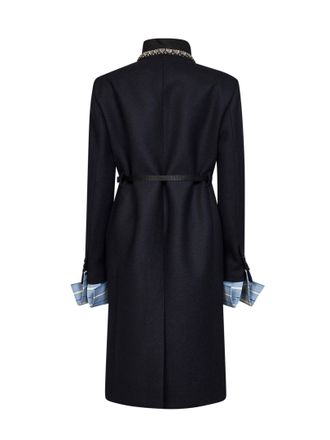 Prada Womens Belted Virgin Wool Coat Blue