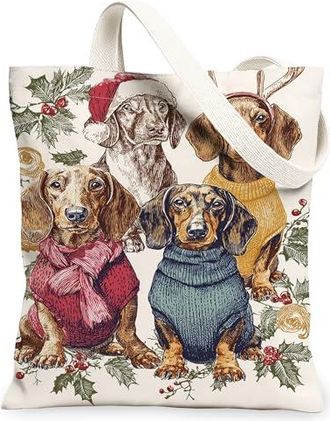 Generic Sacs fourre-tout en toile pour chiens de vacances, motif animal festif, sacs d&eacute;picerie r&eacute;utilisables, vintage, l&eacute;gers, lavables, beige, 13x15 Inch