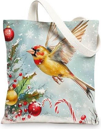 Generic Sac fourre-tout en toile r&eacute;utilisable pour le shopping - Motif chardonneret dor&eacute; - 33 x 38 cm - Pour femme - Peinture dhiver - D&eacute;coration cadeau