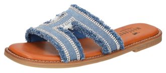 Mustang Jeans Pantolette MUSTANG SHOES, Damen, Gr. 37, blau (jeansblau), Textil, Schuhe Pantolette, Flats, Sandale im Jeans-Look mit Strass-Steinchen verziert