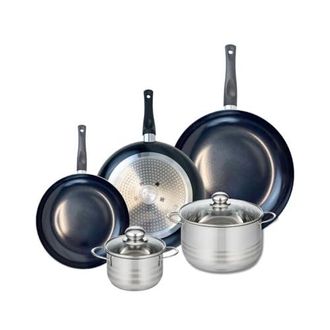 Fackelmann ELO 9750650 Batterie de cuisine 5 pièces, Ensemble de 3 Poêles de cuisson 24, 28 et 32 cm et 2 faitouts 14 et 20 cm Elo Prima Brillant, inox, inductio