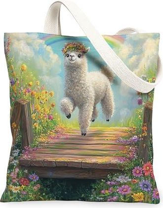 Generic Sac fourre-tout en toile dalpaga printanier pour le shopping, 33 x 38,1 cm, sac d&eacute;picerie r&eacute;utilisable pour femme, motif floral, paysage, plage, esth&eacute;