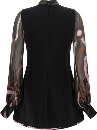 Emilio Pucci Creponne Sleeves with Marmo Motif Short Dress - Black