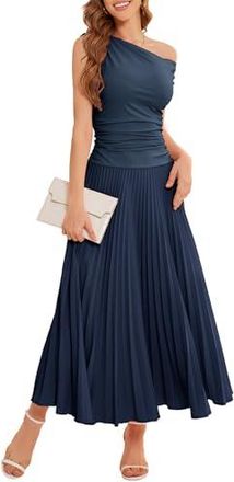 Bbonlinedress Maxi robe de cocktail plissée à une épaule formelle pour femme, mariage, invité, été, pour tous les jours, bleu marine, XL