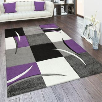 Paco Home Wohnzimmer Teppich In Versch. Farben und Gr&ouml;&szlig;en Karo Muster Streifen 3-D Design Kurzflor 80x300 cm, Lila - Paco Home