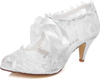 JiaJia Pumps Lace Peep Toe Bridal Heels with Ribbon Tie