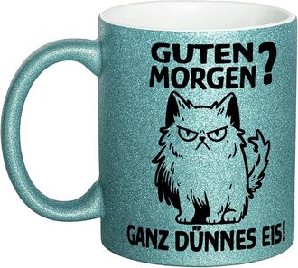 OM3 lustige Glitzertasse mit Spruch - Morgenmuffel Katze - Guten Morgen - Statement - Glitter Tasse - Keramik Becher - 11oz 325ml - Beidseitig Bedruckt - 