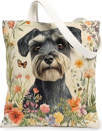Generic Sac fourre-tout en toile motif schnauzer printanier 33 x 38,1 cm, sac d&eacute;picerie r&eacute;utilisable vintage pour femme, motif animal de compagnie, d&eacute;coration