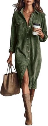 Generic Robe chemise midi boutonnée en velours côtelé pour femme, col en V, manches longues, coupe ample, avec poches, Vert, XXL