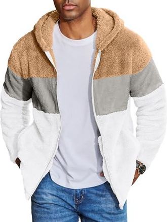 Coofandy Veste Polaire Teddy pour Homme Veste de Transition Sherpa Sweat Patchwork avec Capuche Kaki + Gris Clair + Blanc XXXL