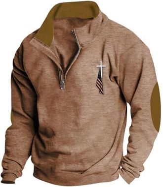 Generic Sweat-shirt à col pour homme, sweat à fermeture éclair quart de long, pull décontracté et tendance, pull ample à manches longues avec coudières, pull 