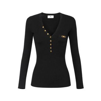 Elisabetta Franchi Geripptes Strickoberteil mit Brusttasche - - Knitwear - Damen - Schwarzk - XL