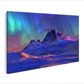 Islandburner Leinwandbild Nordlichter über verschneiten Bergen - Leinwand 80x40cm