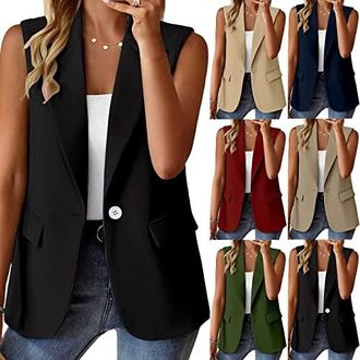 Generic Gilet de costume pour femme - Col rabattu - Gilet dété pour femme - Avec bouton unique - Col en V - Élégant blazer - Couleur unie - Avec poche à rabat