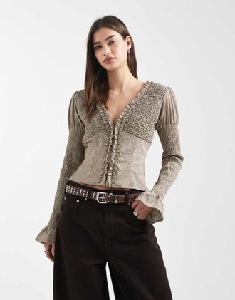 Daisy Street Chemise ajust&eacute;e &agrave; manches longues et volants - Rayures neutres-Multicolore