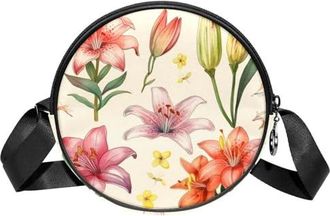 Generic Sac &agrave; bandouli&egrave;re rond pour femme, petit sac &agrave; bandouli&egrave;re Lilies avec fermeture &eacute;clair et bretelles r&eacute;glables Style d&eacute;contract&eacute;