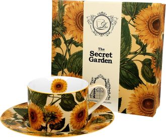Duo Kollektion Secret Garden Tasse und Untertasse Sunflowers aus New Bone China Porzellan im Geschenkbox, Kaffeetasse, TeeTasse, Füllmenge 240 ml