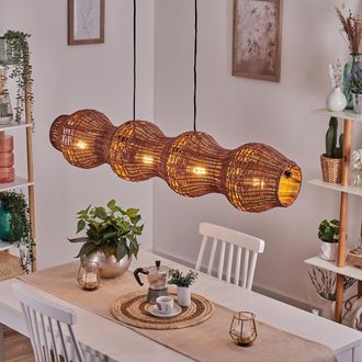 HOFSTEIN Pendelleuchte Cardeira, 4-flammige H&auml;ngelampe aus Metall/Rattan in Schwarz/Dunkelbraun/Natur, H&auml;ngeleuchte im skandinavischen Design, Boho-Style, max.