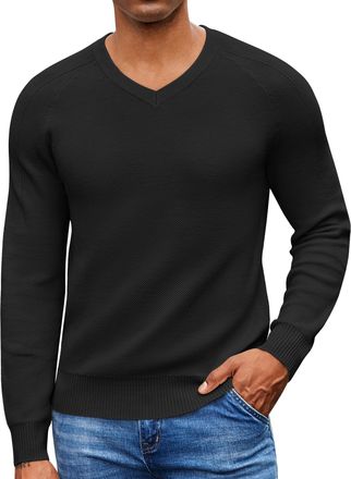Coofandy Herren V-Ausschnitt Pullover Langarm Feinstrick Pullover Basic Sweater Schwarz XXL