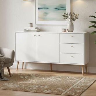 Dmora Kommode Florence, Wohnzimmerbuffet, Wohnzimmer-Sideboard, Moderne K&uuml;chen-Speisekammer, 147x39 h82 cm, Wei&szlig;