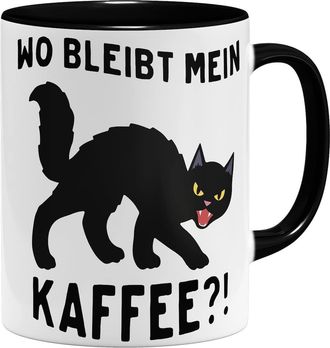 OM3 Wo bleibt Mein Kaffee?! Katzen Tasse mit Katzenmotiv - Keramik Becher - 325ml - Beidseitig Bedruckt - Schwarz