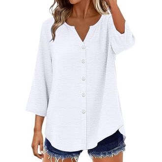 Generic Chemise boutonn&eacute;e &agrave; manches 3/4 pour femme avec col en V - Coupe ample - Pour le bureau et le quotidien, blanc, XXL