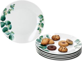 MamboCat Eukalyptus 6er Set Kuchenteller I Ø 20,5cm I weiße Porzellan-Dessertteller für 6 Personen mit grünem Pflanzen-Dekor I kleine Teller für Frühstück, Mit