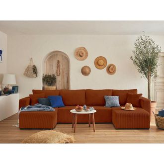 Best Mobilier Topaze - 7-sitzer wohnlandschaft u-form - schlaffunktion und bettkasten - cord - terrakotta