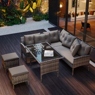 STILVORA Salon de Jardin avec 2 Canap&eacute; Multi-places, 1 Table et 2 Poufs, Coussins Amovibles, pour 7 personnes, Rotin PE, Fer et Verre Tremp&eacute;, Gris
