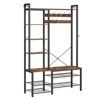 Vasagle Porte-Manteau, Meuble dEntr&eacute;e, avec Porte-Chaussures, 5 &Eacute;tag&egrave;res de Rangement, 9 Pat&egrave;res et 6 Crochets Lat&eacute;raux, 40 x 120 x 190 cm, Marron Rustique et